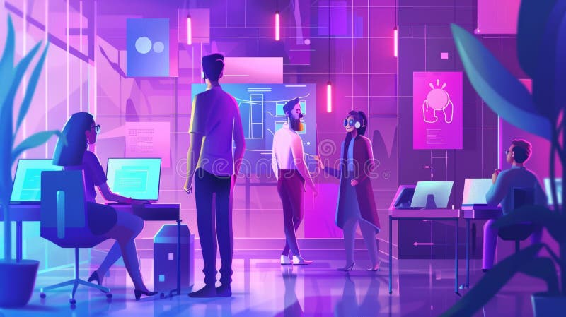 3D Illustration of a Modern Tech Office with People Working on ...