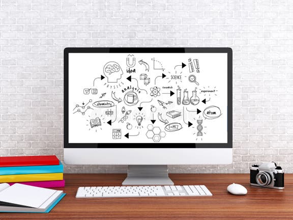 3d Modern Workspace and Computer with Chemestry and Science Sketch ...