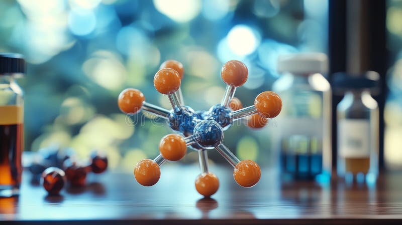 3D Illustration of Molecule Structure Model with Chemistry Glassware in ...