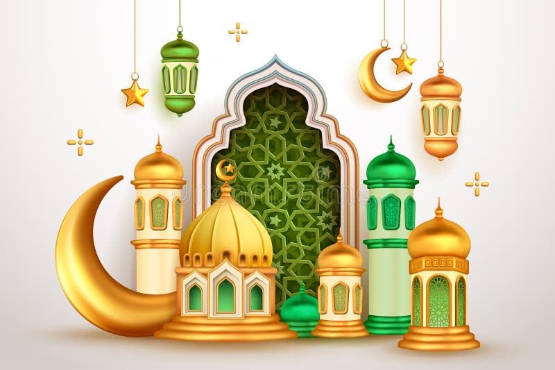 3d Illustration Mosque and Crescent with Arabesque Decorations Vector ...