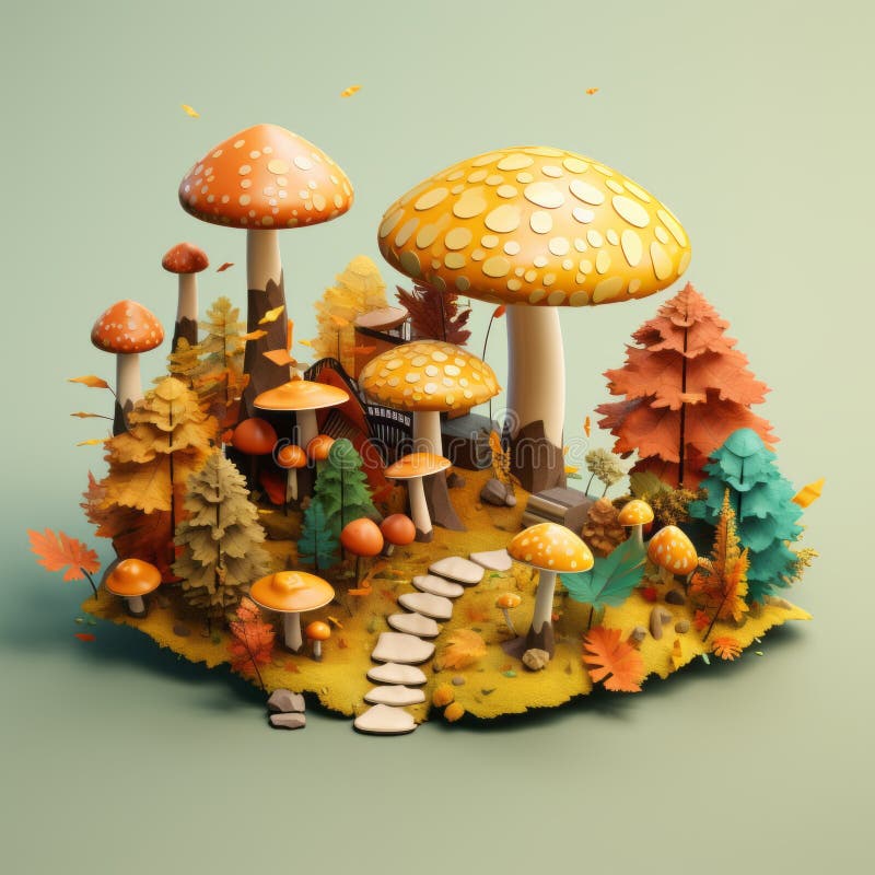 3d Illustration of Mushrooms and Trees in the Forest Stock Illustration ...