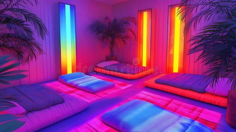 3D Illustration - Neon Room, Tropical Plants, Colorful Lighting ...