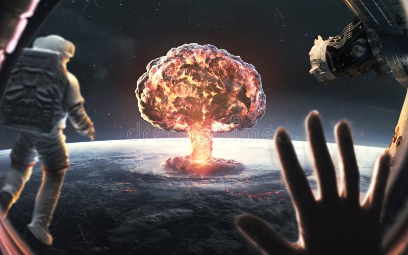 Astronaut and Nuclear Explosion on Earth Planet in Deep Space. Stock ...