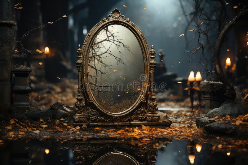 3D Illustration of an Old Cemetery at Night with a Reflection in the ...