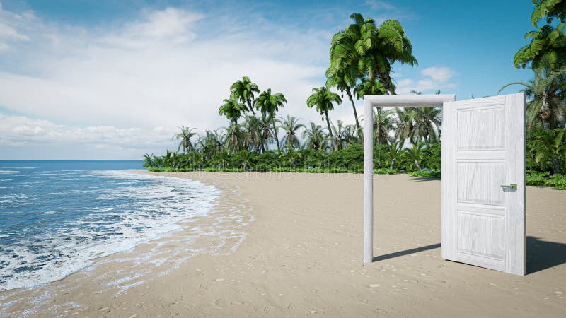 3D Illustration of an Open White Door in the Middle of the Beach of an ...