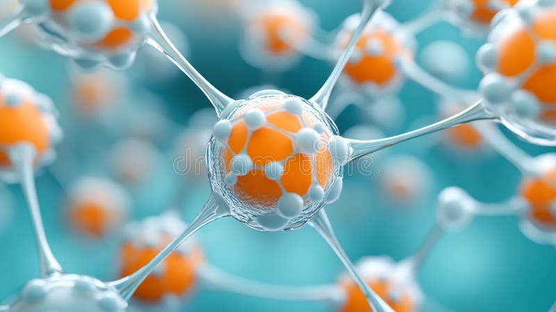 3D Illustration of Orange Sphere Molecules, Connected by Strands, on a ...