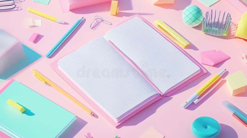 3D Illustration - Pastel Pink Desk Setup with Open Notebook, Pens, and ...