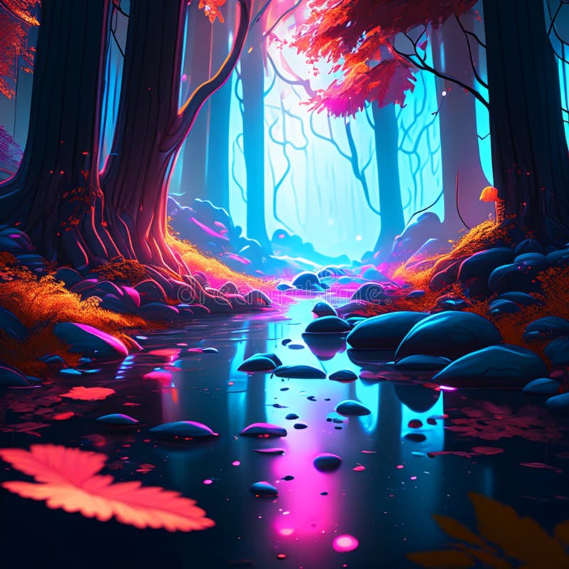 3D Illustration of a Path through a Dark Forest in Neon Light AI ...
