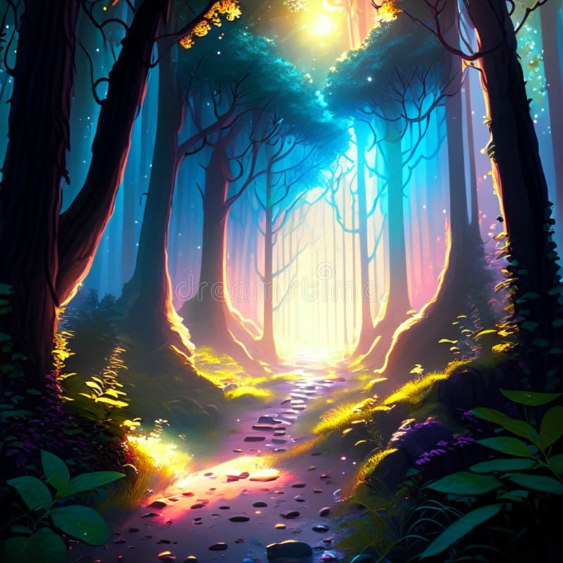 3D Illustration of a Path through a Magical Forest with Glowing Trees ...