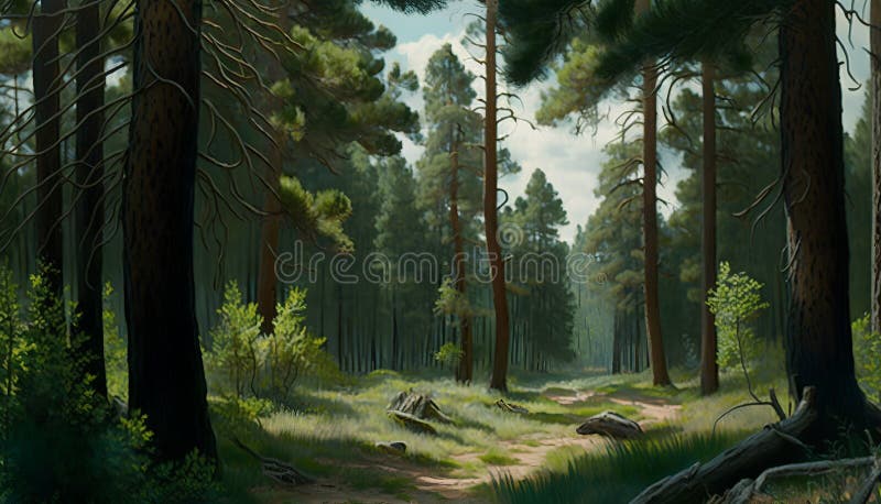 3d Illustration of a Path in a Pine Forest with Tall Trees Stock ...
