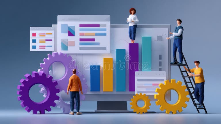 3D Illustration of People Analyzing Data with Charts, Graphs, and Gears ...