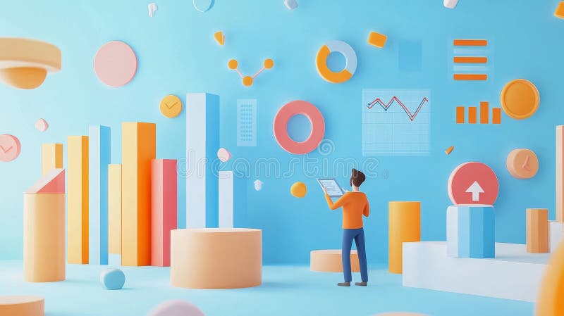 A 3D Illustration of a Person Analyzing Data on a Tablet Surrounded by ...