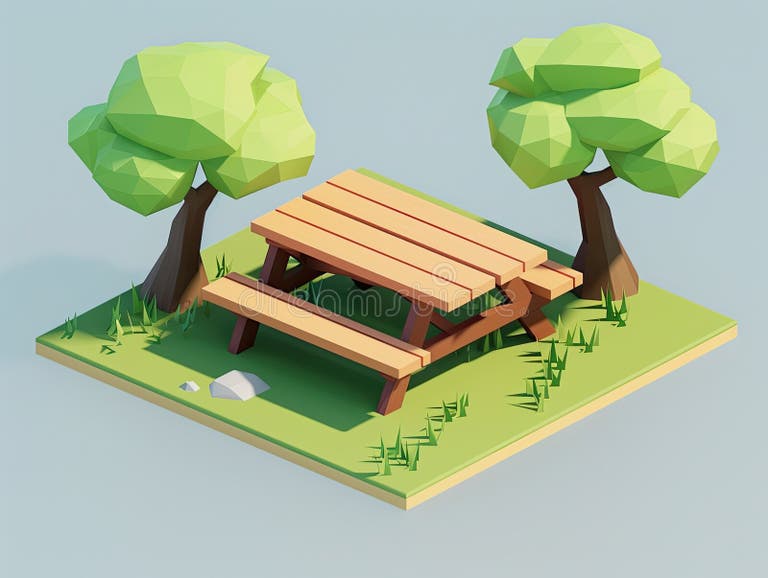 3D Illustration of a Picnic Table between Two Trees on a Grassy Patch ...