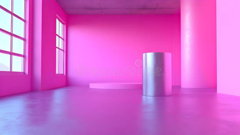 3D Illustration Pink Room, Chrome Cylinder, Platform, Windows ...
