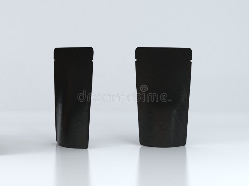 3D Illustration. Plastic Black Pouch Packaging Mockup in White ...