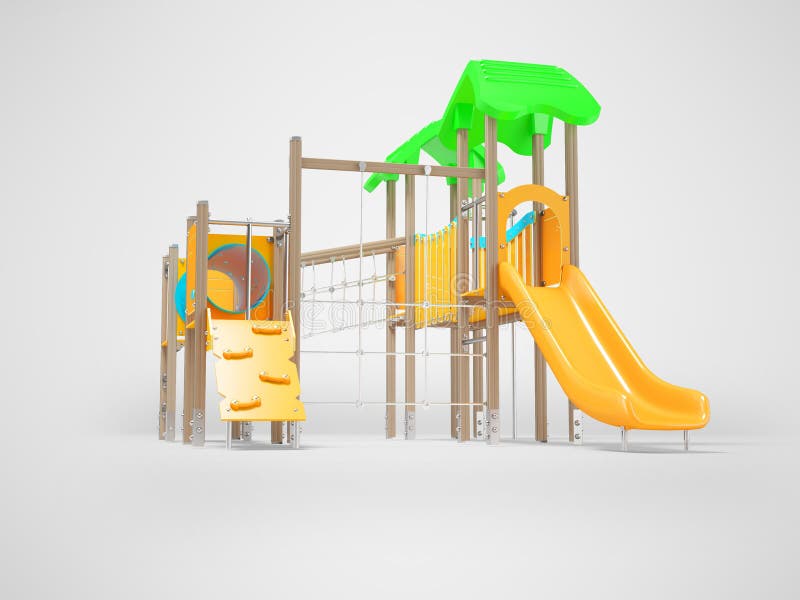 3D Illustration of Playground Complex for Children with Slide on Gray ...