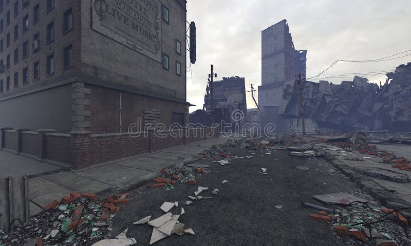 Post Apocalyptic Cityscape 3d Illustration Ruined Buildings Stock ...