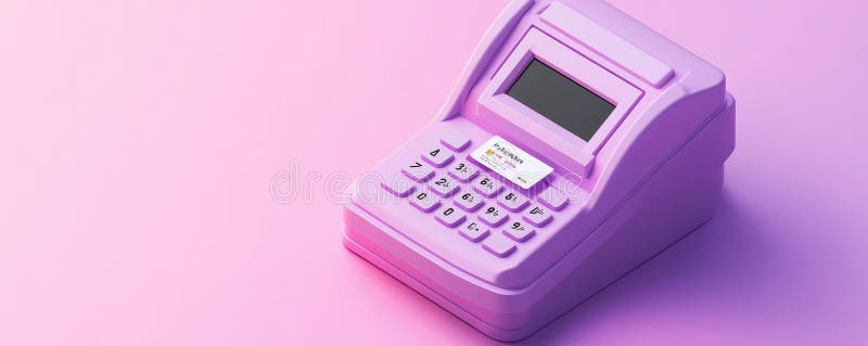 3D Illustration of a Purple Card Reader and Receipt Machine on Pink ...