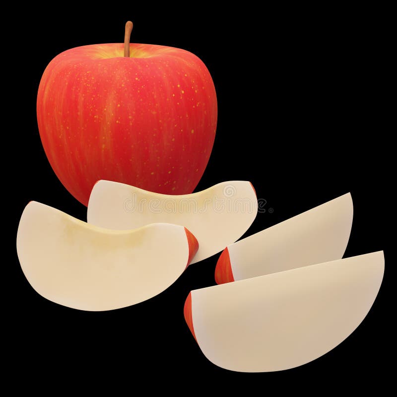 3d Illustration of Red Apple and Cut Apples. Stock Image - Illustration ...