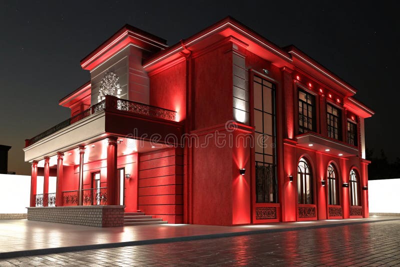 3D Illustration of Red Architectural Design with Lighting Stock ...