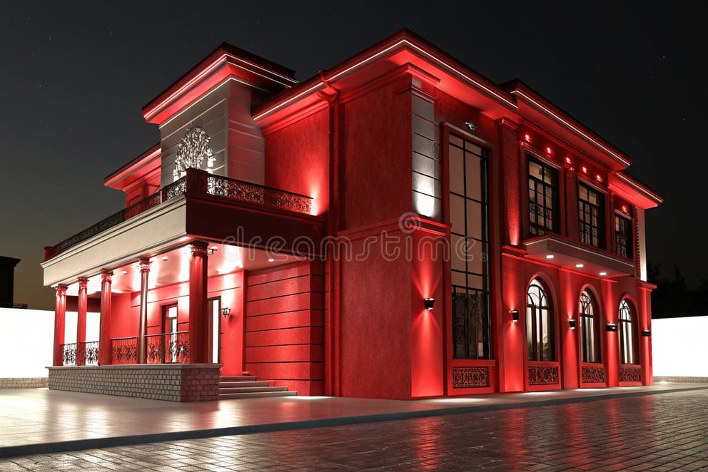 3D Illustration of Red Architectural Design with Lighting Stock ...