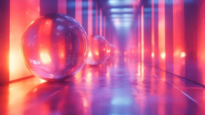 3D Illustration of a Reflective Sphere in a Glowing Corridor Stock ...