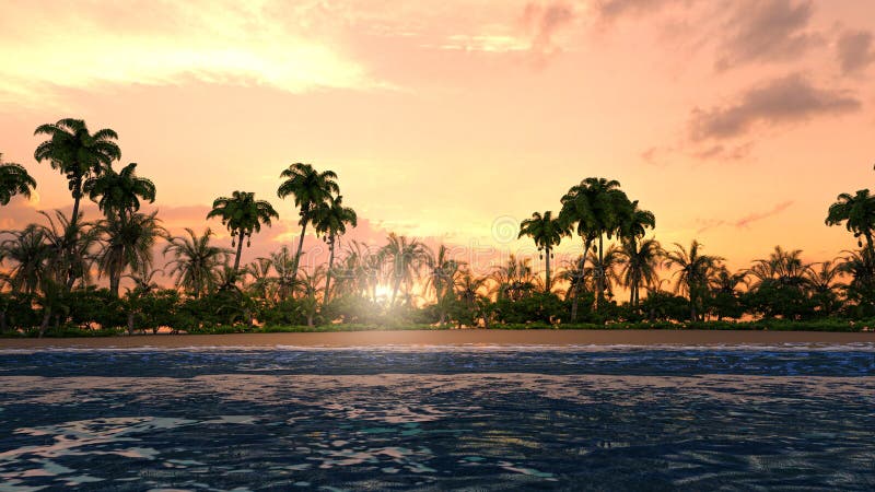3D Illustration Render. Beautiful View of Beach on Sunset Island Stock ...