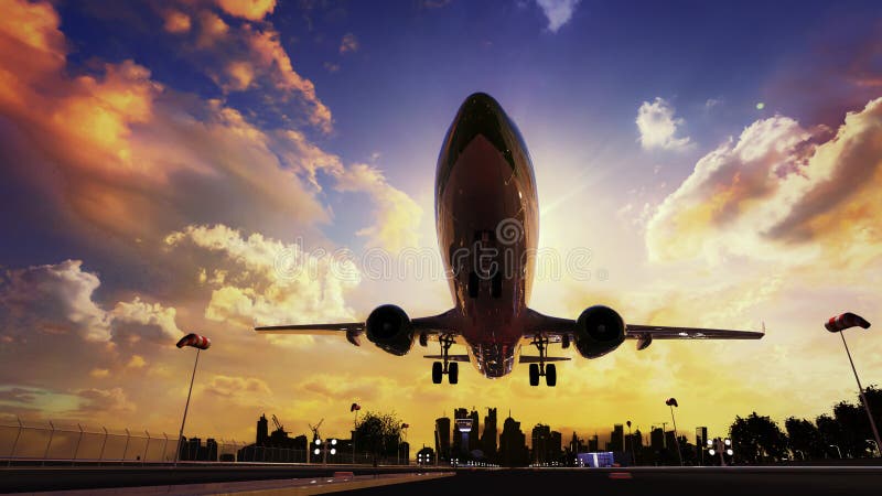 3D Illustration Render. Passenger Plane is Landing during a Wonderful ...