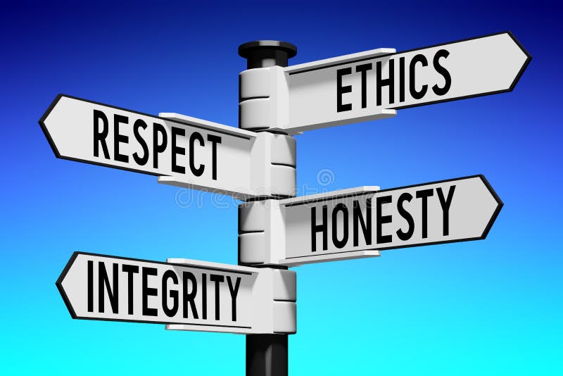 Ethics, Honesty, Integrity, Respect - Wooden Signpost, Roadsign with ...