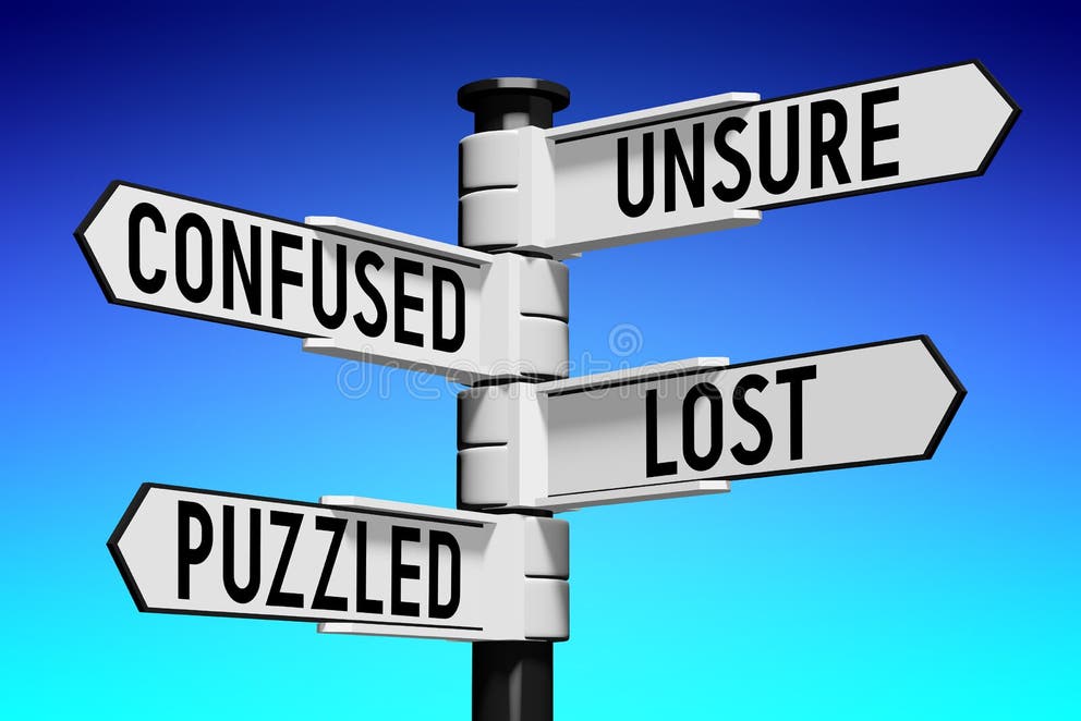 Unsure, Confused, Lost, Puzzled - Signpost with Four Arrows Stock ...