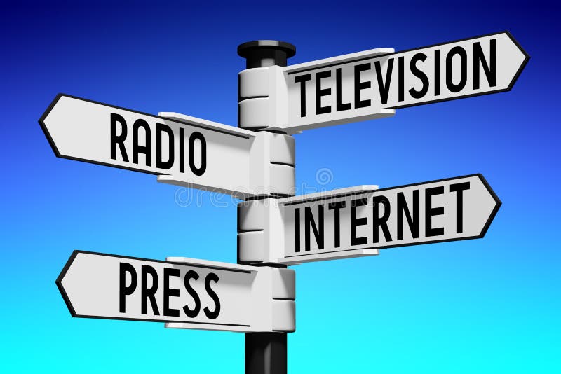 Internet, Television, Social Media, Radio, Press - Wooden Signpost with ...