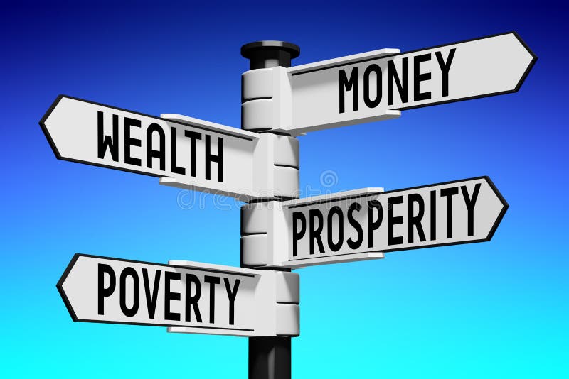 Money, Wealth, Prosperity, Poverty - Signpost with Four Arrows Stock ...