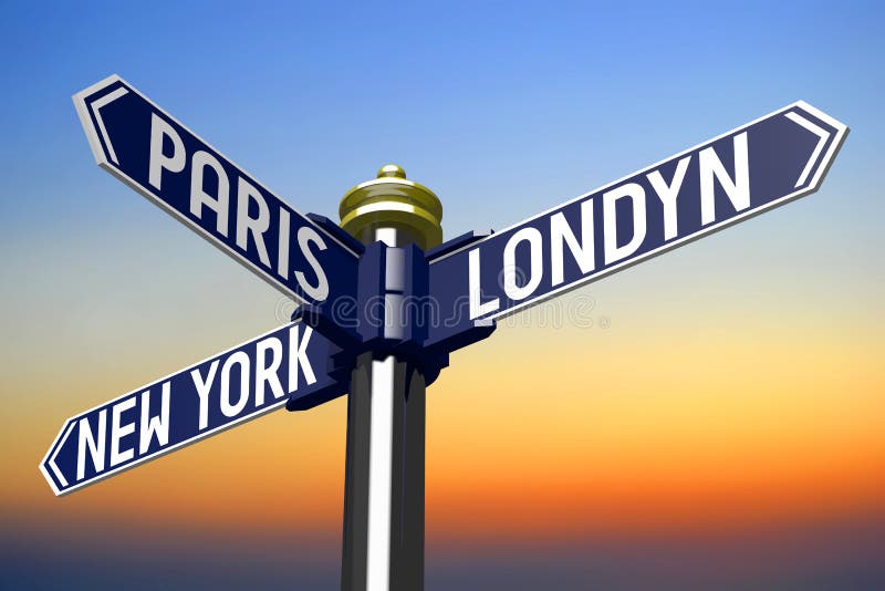 Paris, London, New York - Signpost with Three Arrows, Sunset Sky Stock ...