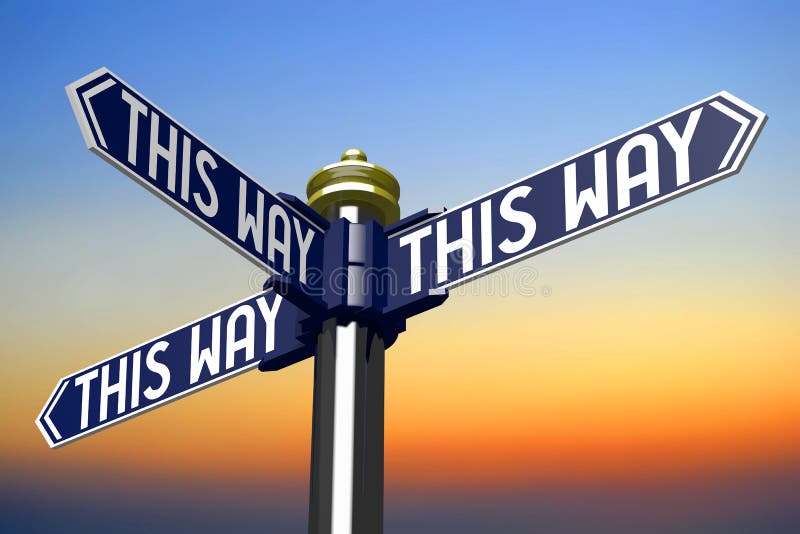 This Way - Signpost with Three Arrows, Sunset Sky Stock Illustration ...