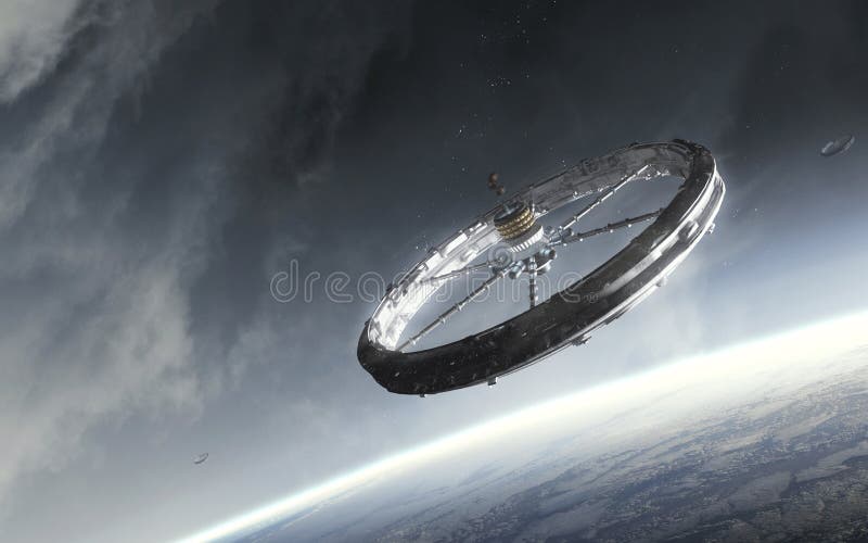 3D Illustration of Ring Space Station Orbiting Earth. 5K Realistic ...
