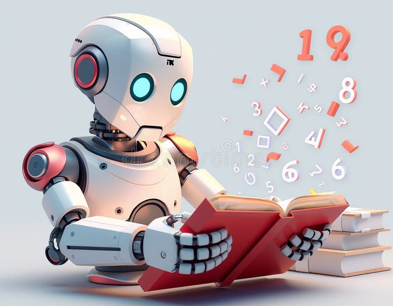 3D Illustration of Robot Humanoid Reading Book and Solving Math Stock ...