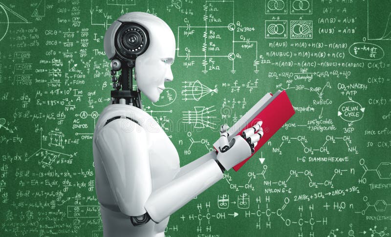 3D Illustration of Robot Humanoid Reading Book and Solving Math Stock ...