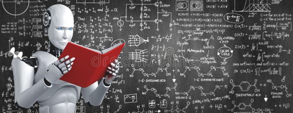 3D Illustration of Robot Humanoid Reading Book and Solving Math Stock ...