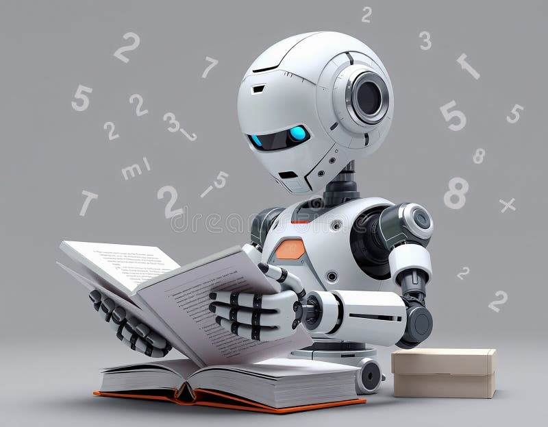 3D Illustration of Robot Humanoid Reading Book and Solving Math Stock ...