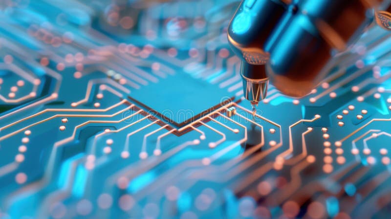 3D Illustration of Robotic Arm Assembling Chips on a Circuit Board ...