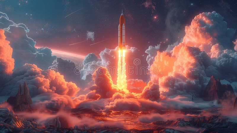 2d Illustration of Rocket Launching from Earth To Space Stock ...