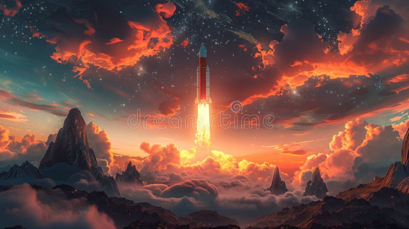 2d Illustration of Rocket Launching from Earth To Space Stock ...