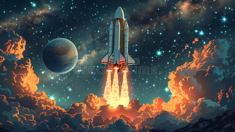 2d Illustration of Rocket Launching from Earth To Space Stock ...