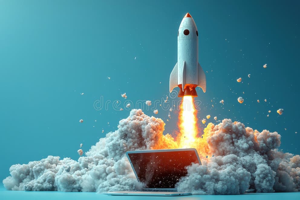 3D Illustration of a Rocket Launching from a Laptop Device Stock ...