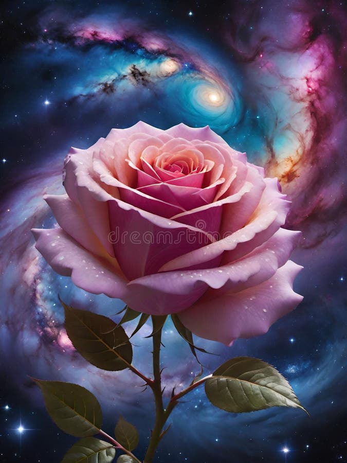 3d Illustration of a Rose in the Night Sky with Galaxy Stock ...