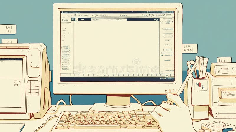 3D Illustration of 1990s Computer Desktop in Vintage Style Stock ...