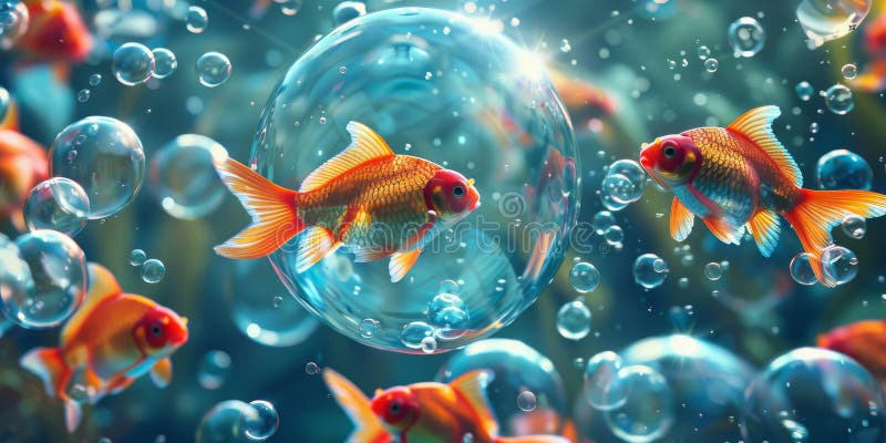 3D Illustration a School of Fish Swimming in a Perfect Sphere Made of ...
