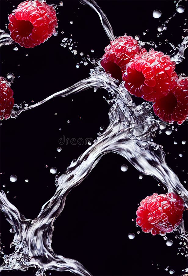 3d Illustration Seamless Pattern of Falling Raspberries Water Droplets ...