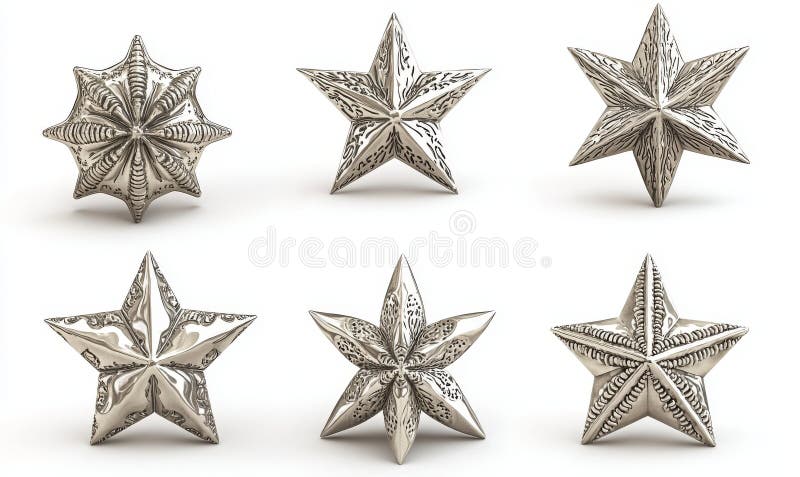 3D Illustration Set with Silver Star Viewed from Different Angles Stock ...