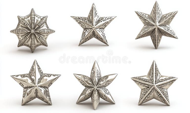 3D Illustration Set with Silver Star Viewed from Different Angles Stock ...